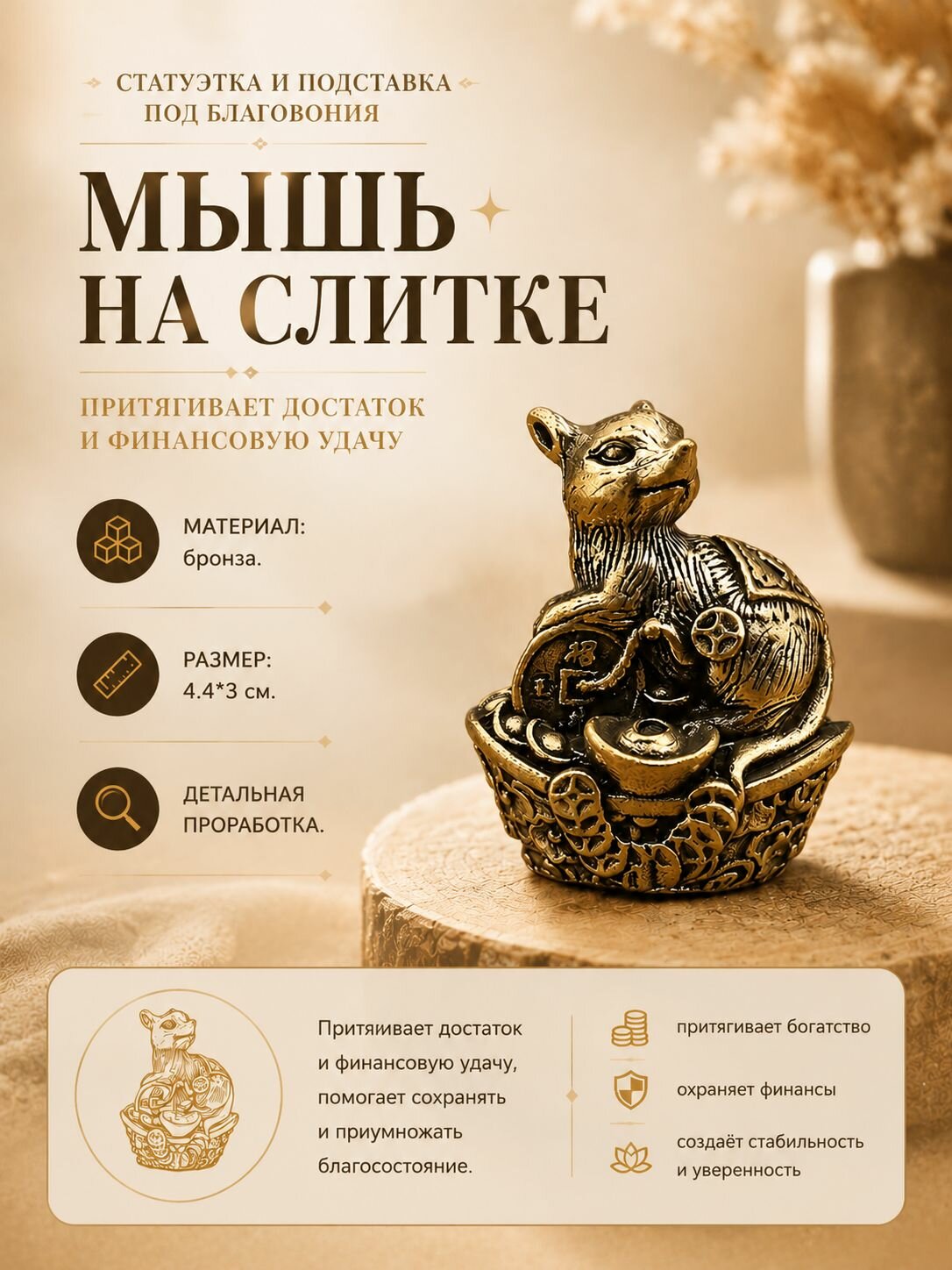 Статуэтка "Мышь на слитке" Фен-шуй, бронза (4.4*3 см.)