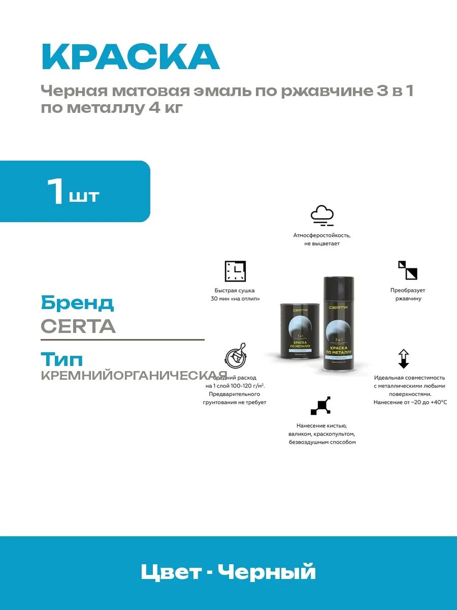 Антикоррозийная краска по металлу черная матовая 3 в 1 4 кг