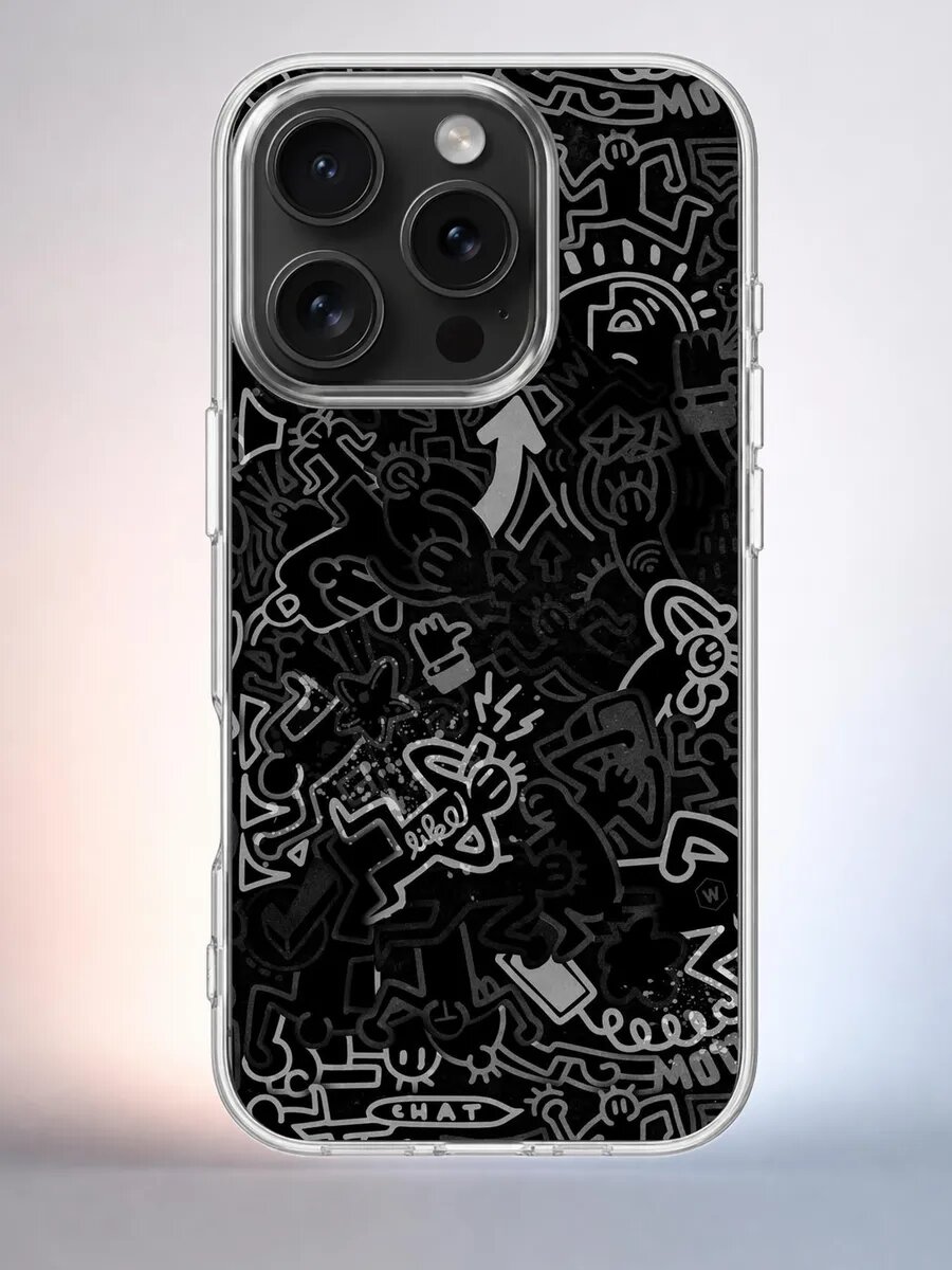 Чехол iPhone 15 Pro дудлы каракули силиконовый прозрачный