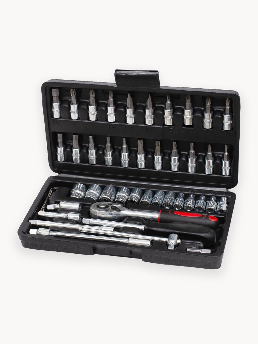 Набор инструментов 46 предметов 1/4" (трещотки, головки торцевые и биты), малый кейс чёрный, 10046