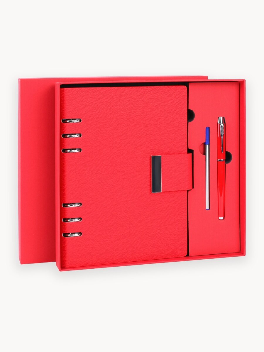Подарочный набор 4 в 1 ежедневник недатированный А5 и ручка, 200 страниц, обложка под кожу, красный, Brauberg, 116857