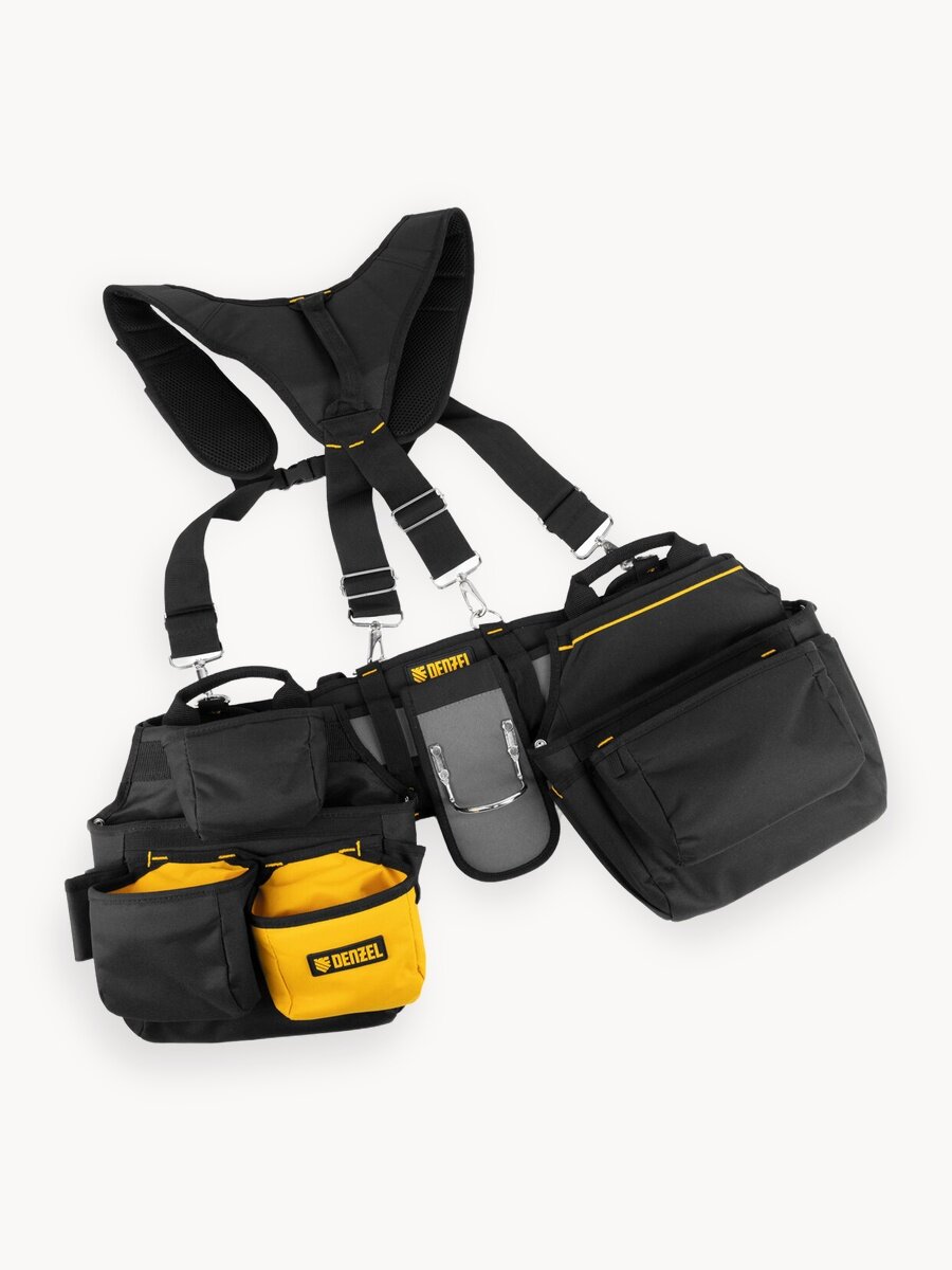 Пояс монтажника усиленный Denzel с лямками, сумки поясные, держатель для молотка 90290