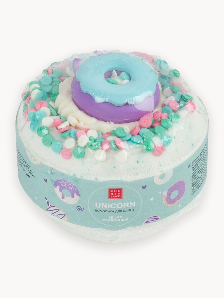 Бомбочка для ванны, 130 гр, с игрушкой, голубая, Зефир сливочный, Пончик-единорог, Unicorn, Kuchenland