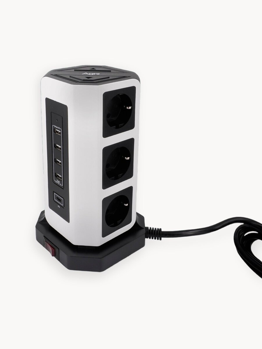 Сетевой фильтр AGNI, башня, 9 розеток, 4 USB, 1 TYPE-C, 4000Вт, 2 м
