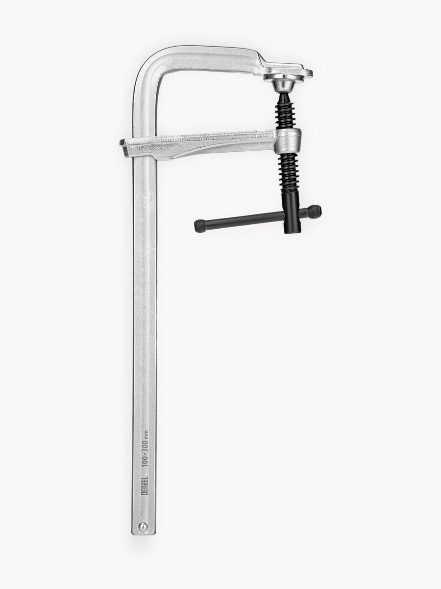 Струбцина F-образная Denzel, 100 x 300 мм, универсальная стальная, усиленный профиль и винтовой зажим, для сварки, 20470