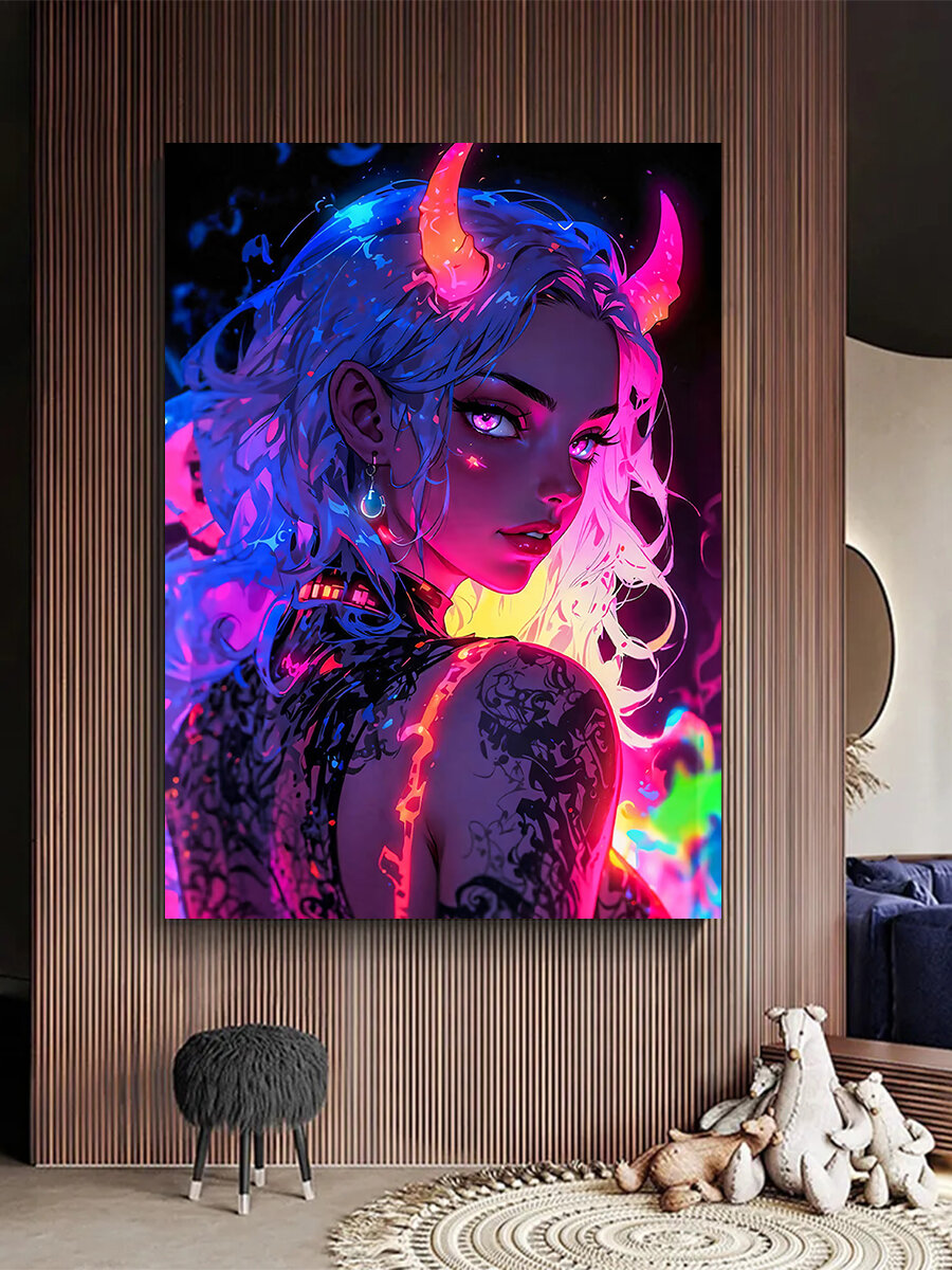 Картина интерьерная на стену - "Девушка аниме хентай неон" , 60х80 см.
