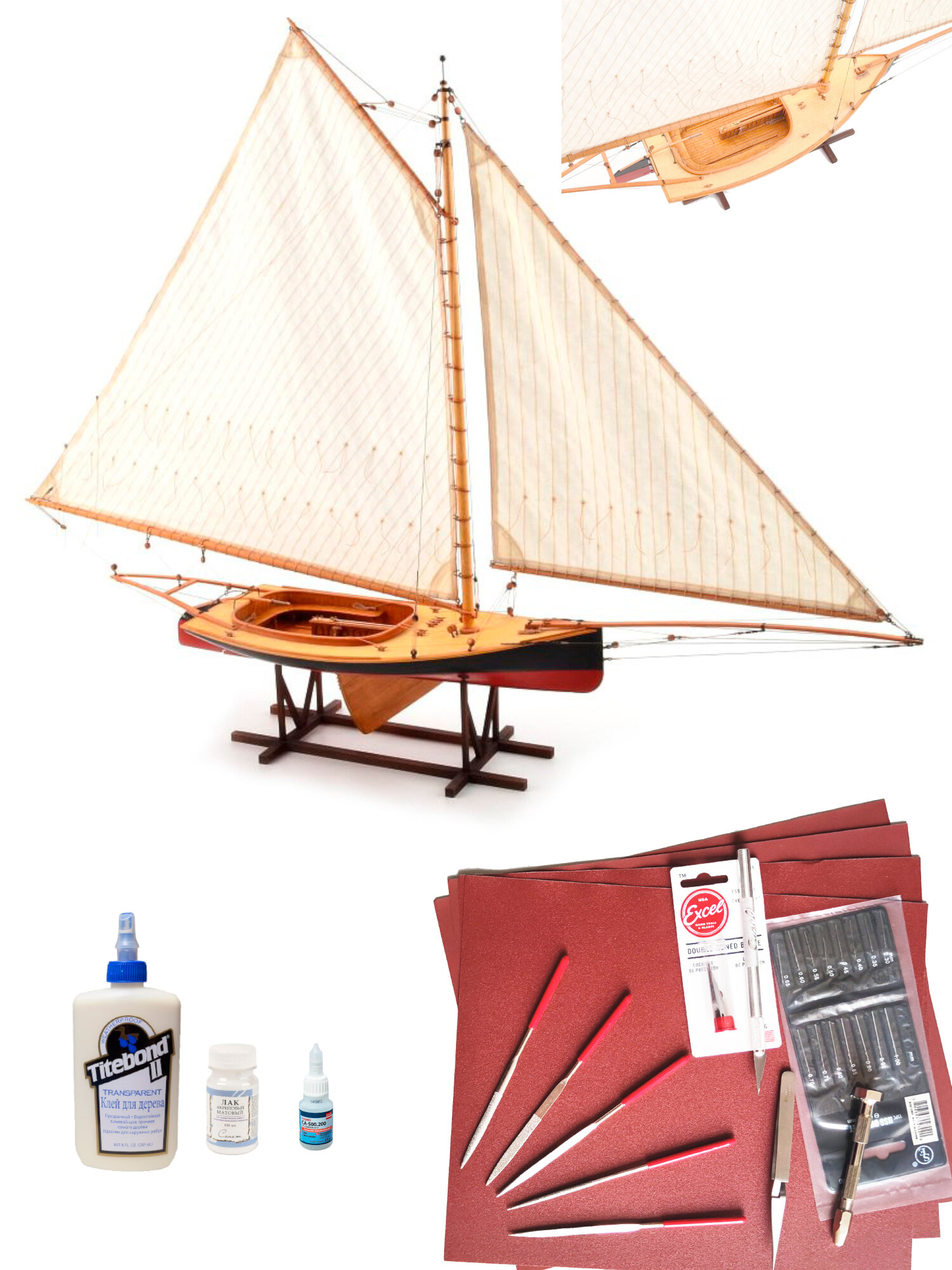 Сборная модель корабля, швертбот "Кузнечик", 427х294х79 мм, М.1:48, подарочный набор, инструменты, лак, клея