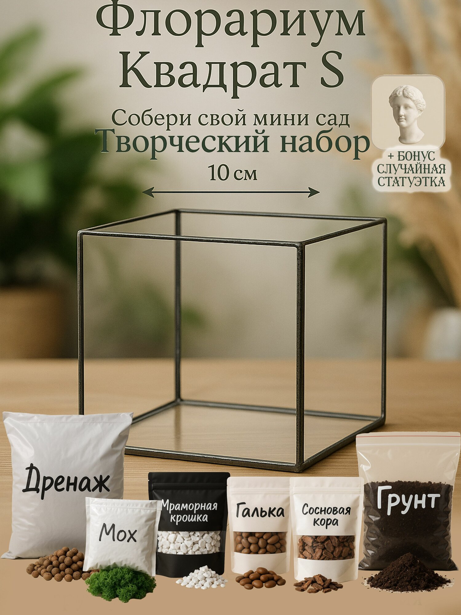 Набор для создания флорариума: форма Квадрат S, маленький собери свой мини сад
