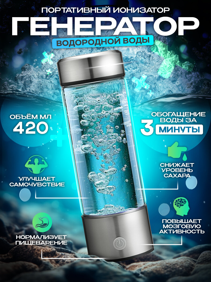 Бутылка стеклянная активатор водорода, портативный генератор водородной воды с USB, 420 мл