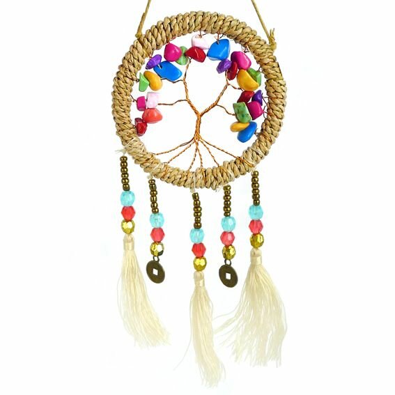 Ловец снов дерево жизни с натуральными камнями и кисточками (длина 14 см, диаметр 6 см.), 1 шт.