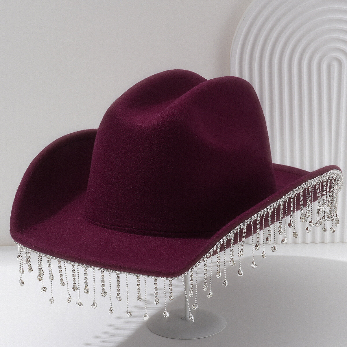 Шляпа свадебная, женская, ковбойская, винно-красная, M