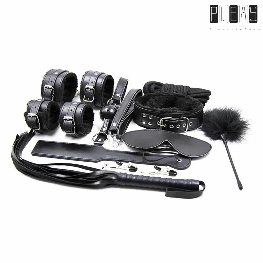 Эротический набор для бдсм игр: наручники, кляп, ошейник, веревка, стек, шлепалка пэддл, плетка флогер, зажимы на соски