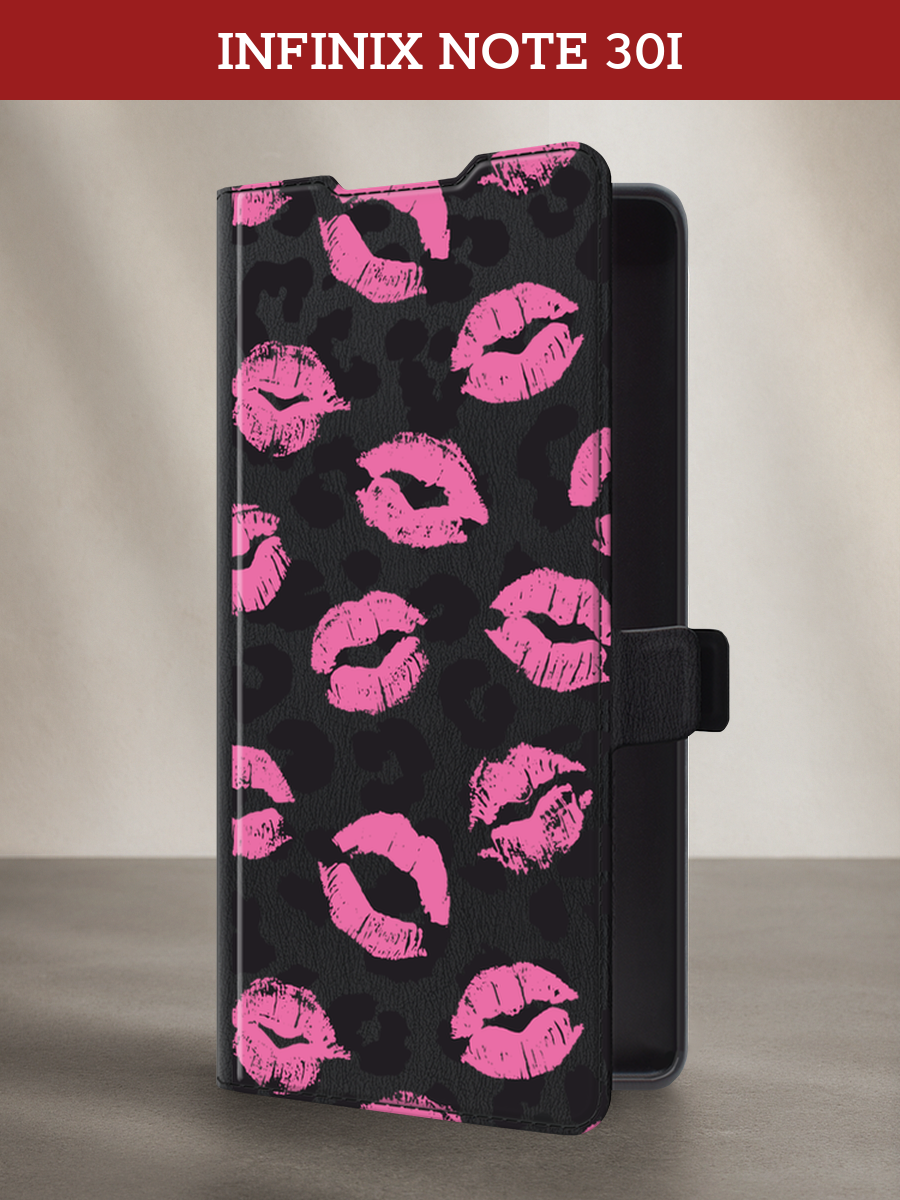 Чехол-книжка на Infinix Note 30i / Инфиникс Нот 30i с принтом Lips and leopard pattern, черный