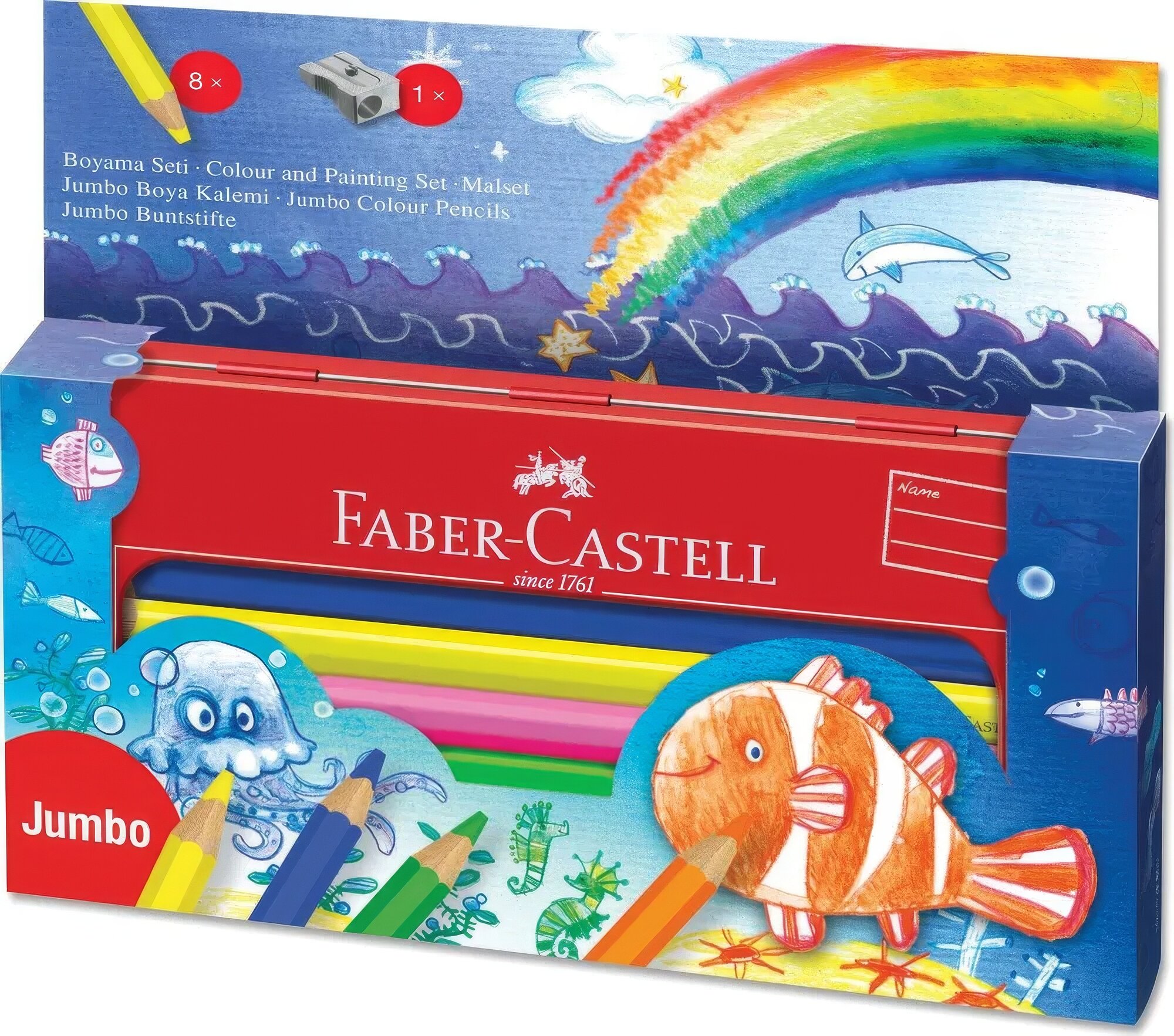 Карандаши цветные акварельные Faber-Castell "Jumbo", 8 цветов + 12 раскрасок + 1 чг карандаш + точилка, 951080