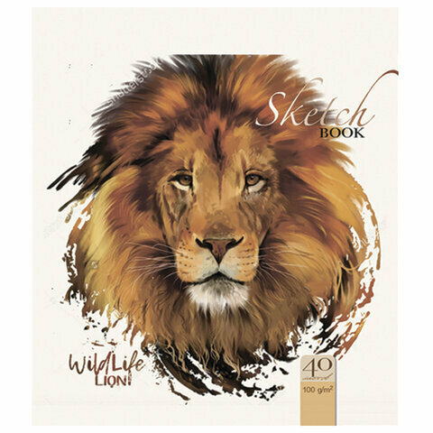 Скетчбук, белая бумага 120 г/м2, 170х195 мм, 60 л, гребень, фольга, выборочный твин лак, "Лев", 99488
