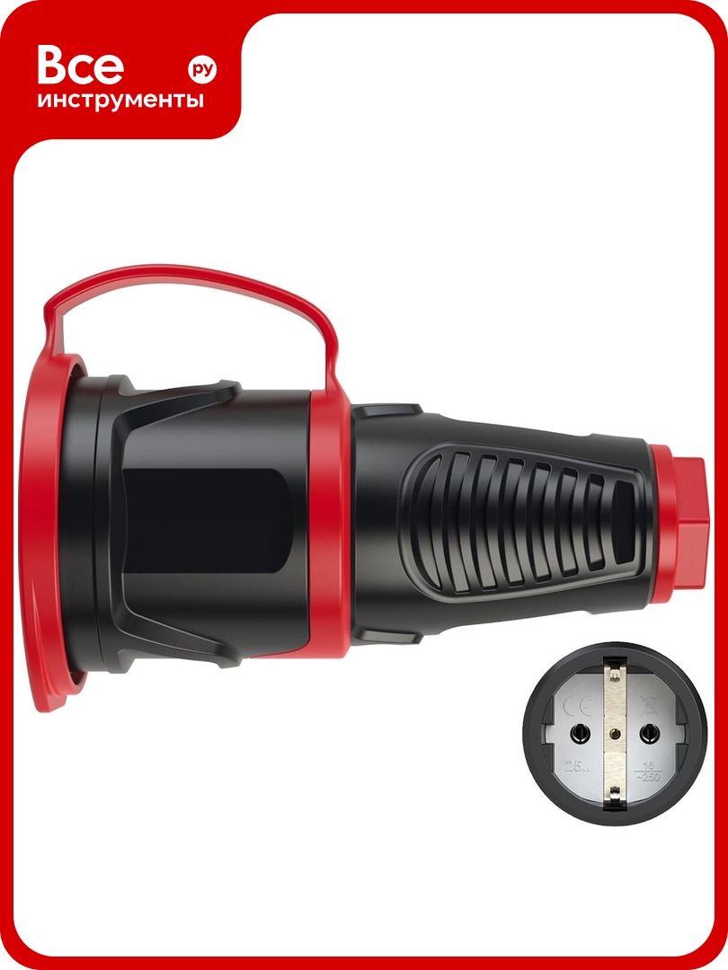 Кабельная розетка PCE 16A 220V 2P+E IP54 с крышкой, корпус черный, крышка и маркер красный 2511-sr, резиновый