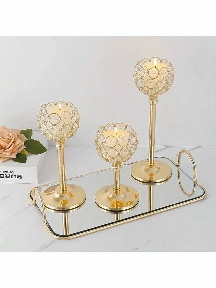 Подсвечник для 3 св, 3 шт, набор хрустальных подсвечников золотой S + M + L / набор
