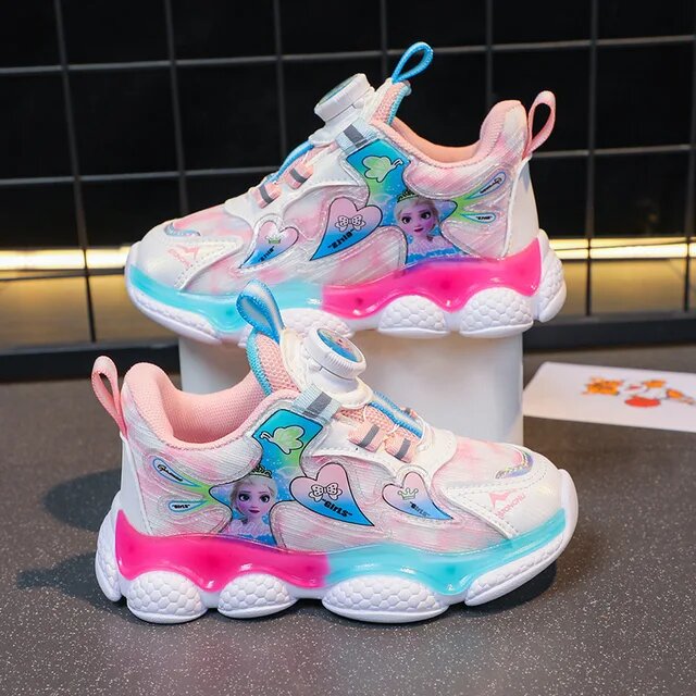Кроссовки для девочек Disney, весна-осень, принцесса Эльза, вращающиеся кнопки, розовые, фиолетовые, размер 24-37