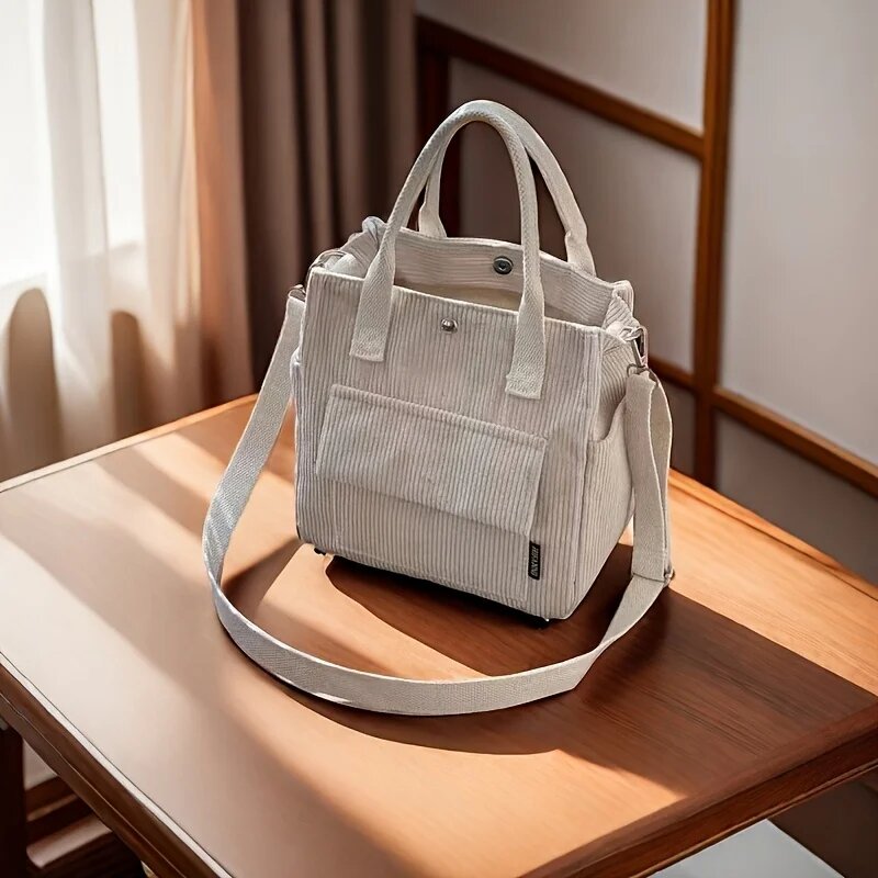 Пункт винтажный вельветовый пакет плеч для женщин, легкая полосатая сумка со съемным ремешком, многосайный дизайн, beige, SKU03055