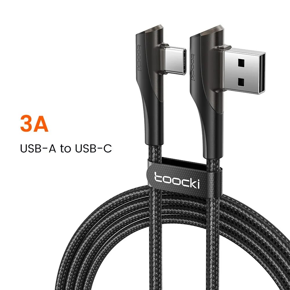 Кабель угловой для зарядки Toocki, USB Type-А/Type-C, 3 А, 1 м, черный