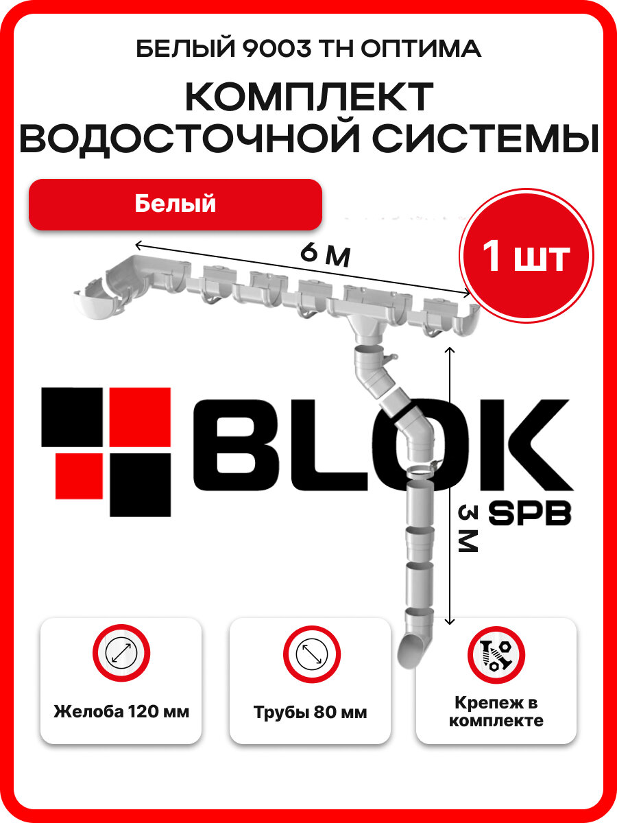 Комплект водосточной системы Белый 9003 ТН оптима 120/80 мм, для ската 6м, (желоба 1,5м)