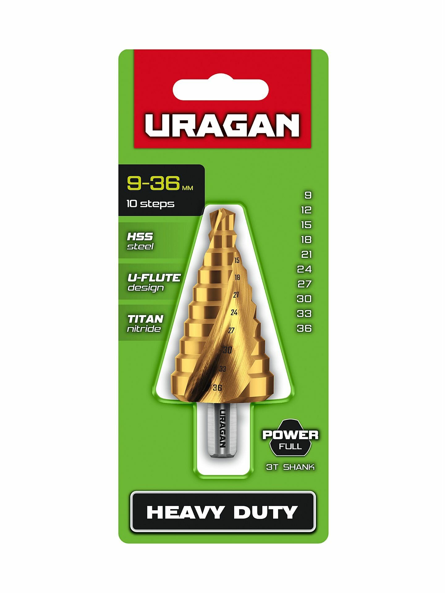 URAGAN 9-36мм 10 ступеней винтовая спираль сверло ступенчатое 29658-9-36-10