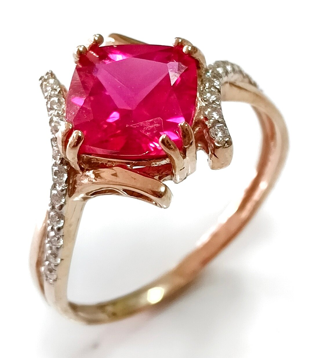 Кольцо, серебро, 925 проба, золочение, фианит, рубин