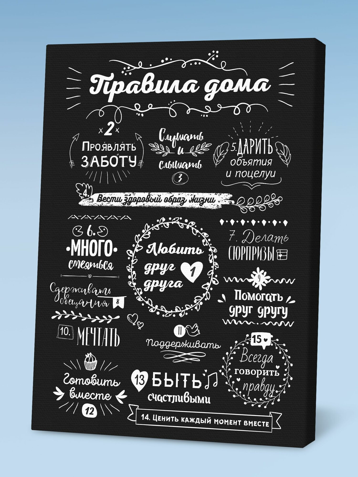 Картина мотиватор Порадуй Правила дома, 30х40 см , черный холст