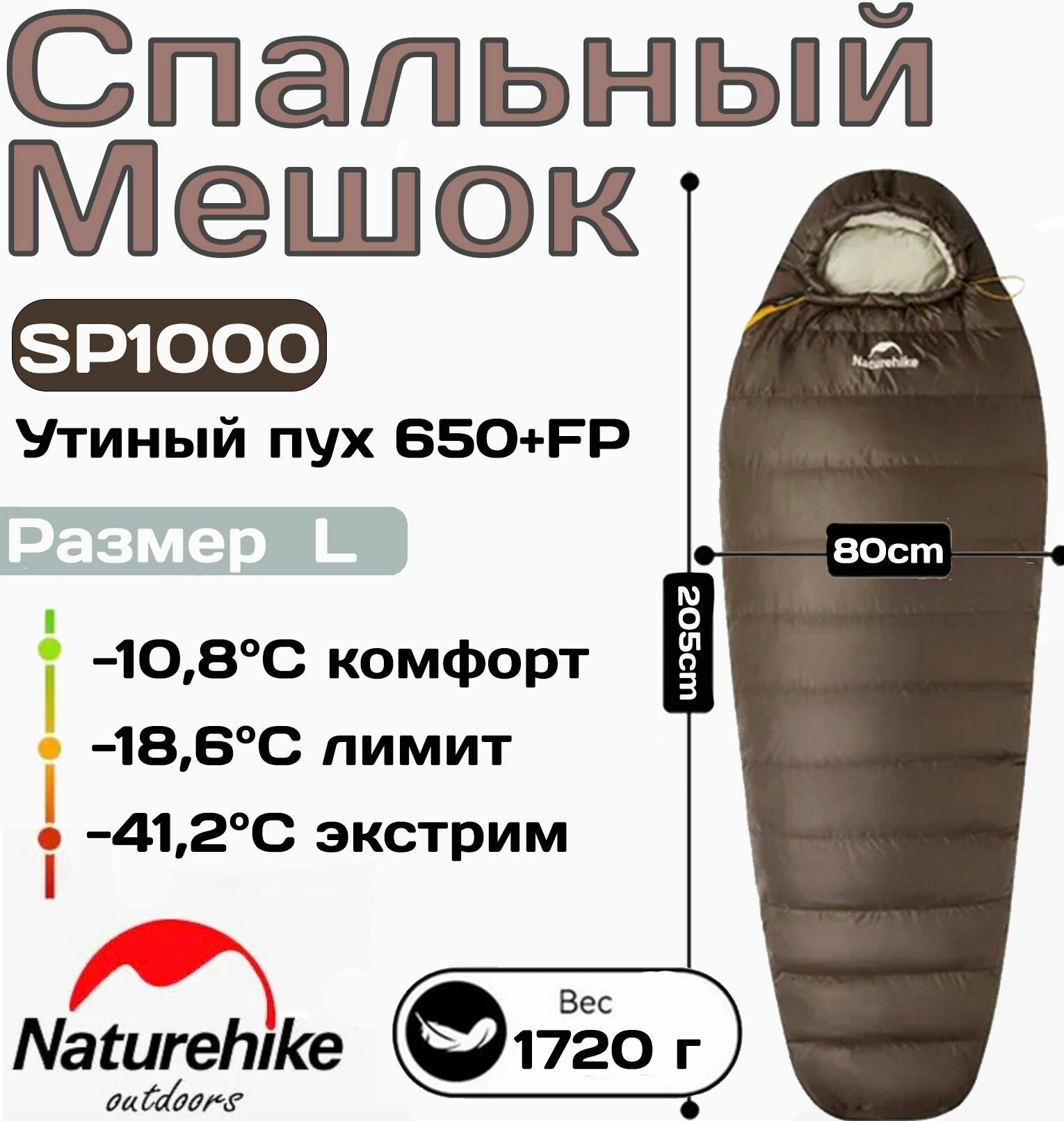 Спальный мешок Naturehike SP1000 Snow Petrel Mummy темно-коричневый (размер L) CNK2550WS014