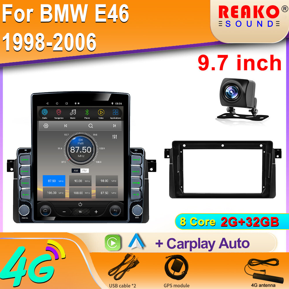 Магнитола для BMW E46 1998-2006 , с камерой заднего вида. IPS экран 9.7 дюймов, Wifi 2din с сенсорным экраном, usb и блютузом.