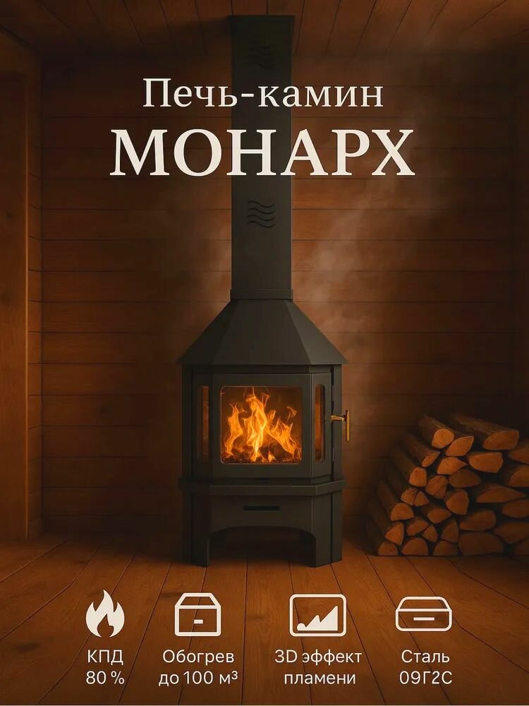 Печь камин Монарх, до 100 кв. м, панорамное стекло, дымоход конвектор
