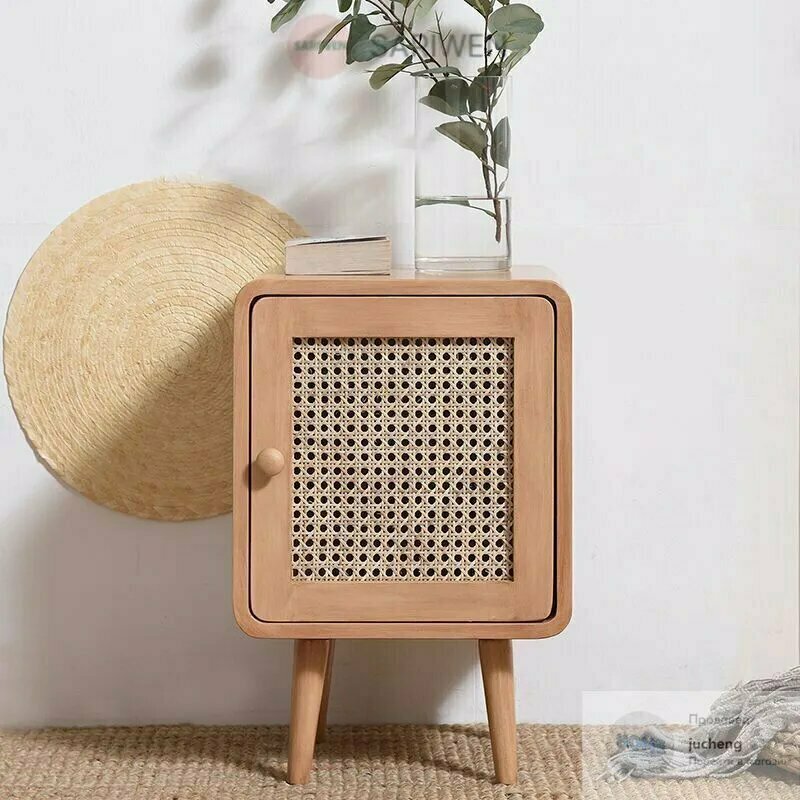 Тумба прикроватная SARIWEN, 1 ящик, с ящиками, ротанговый корпус, дуб светлый