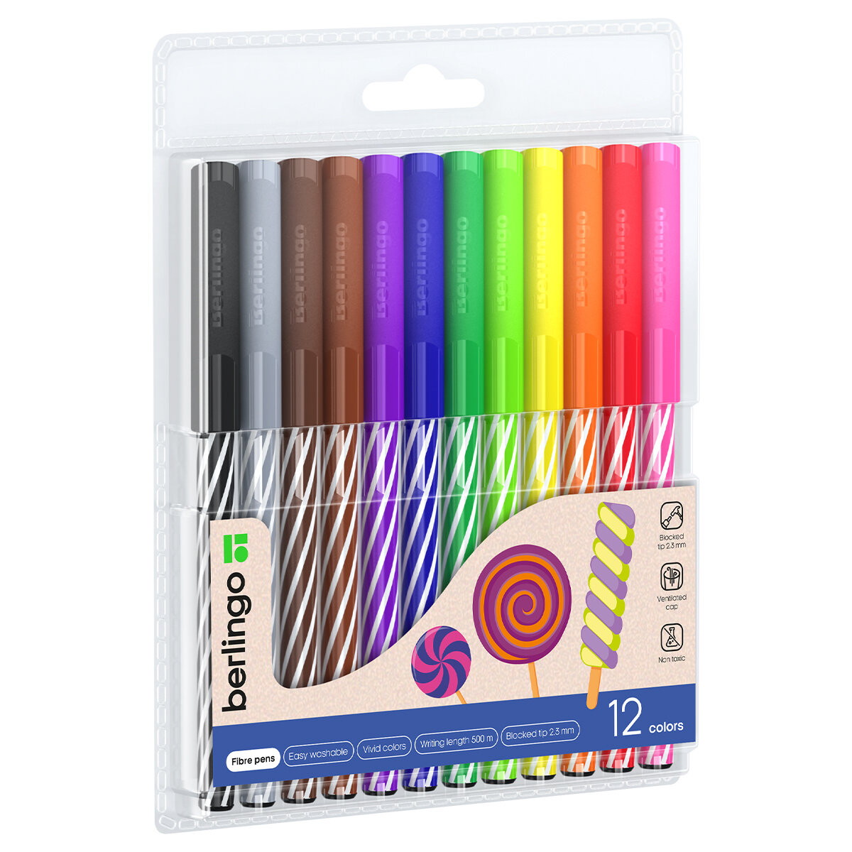 Комплект 24 шт, Фломастеры Berlingo "SuperTwist", 12цв, смываемые, рисунок на корпусе, блистер