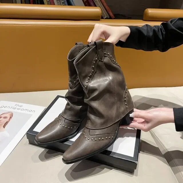 Женские ковбойские сапоги в стиле ретро, весна-осень, новые, до середины голени, на высоком каблуке, женские, с острым носком, на толстом каблуке, лодочки до щиколотки