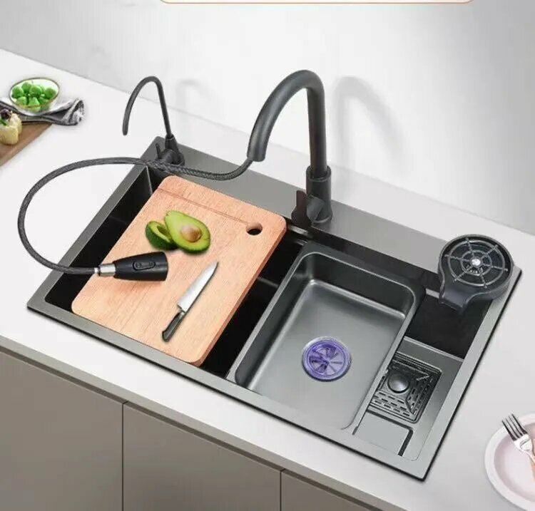 Многофункциональная раковина, 60x45 см, /черный комплект С выдвижным краном/Омылитель