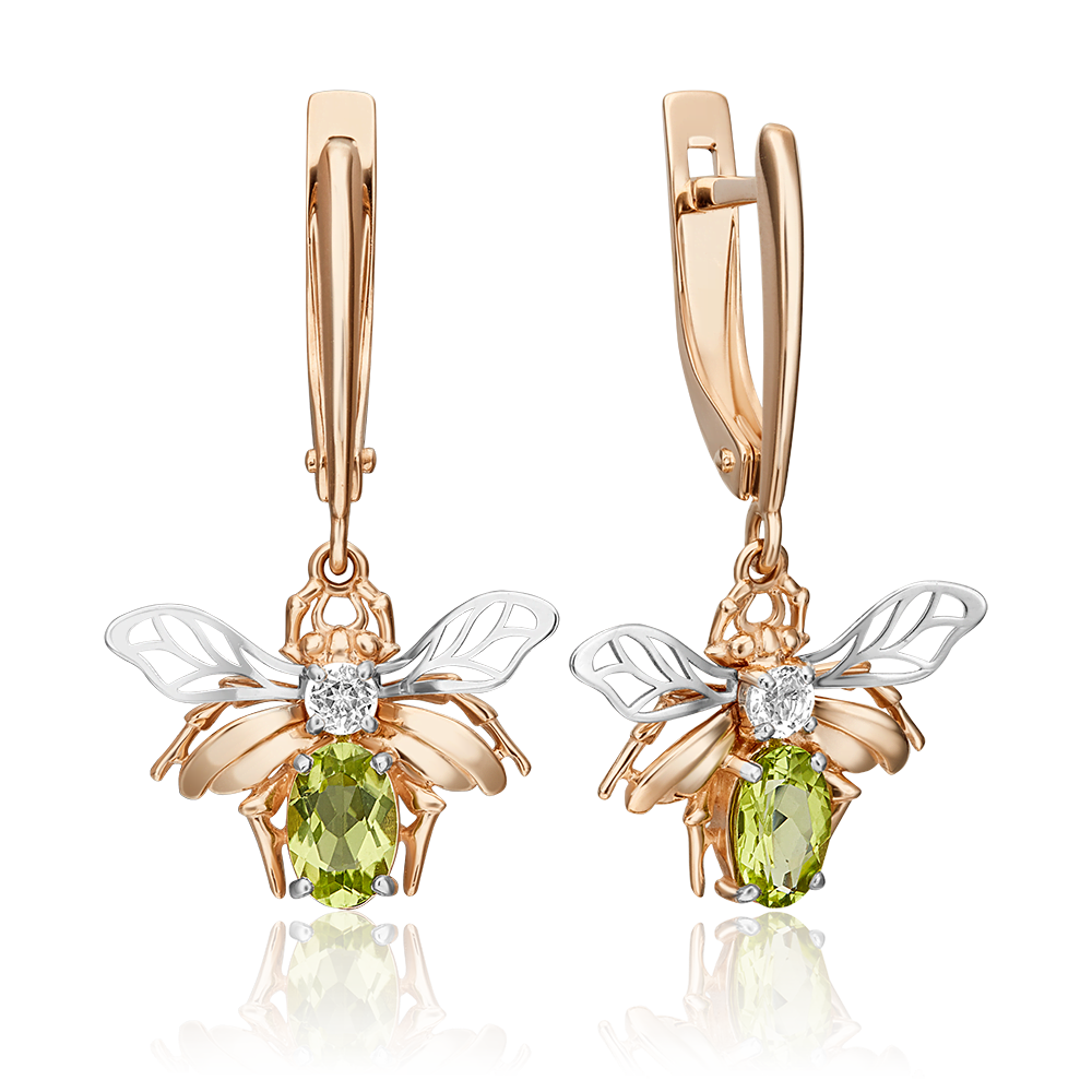 Серьги, комбинированное золото, 585 проба, топаз, хризолит