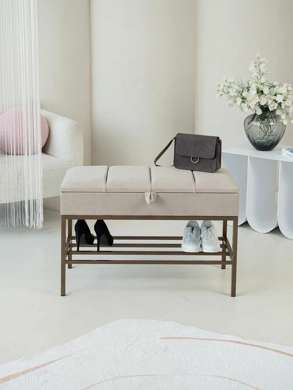 Банкетка в прихожую с мягким сиденьем, ящиком и полками для обуви 80х35х51см