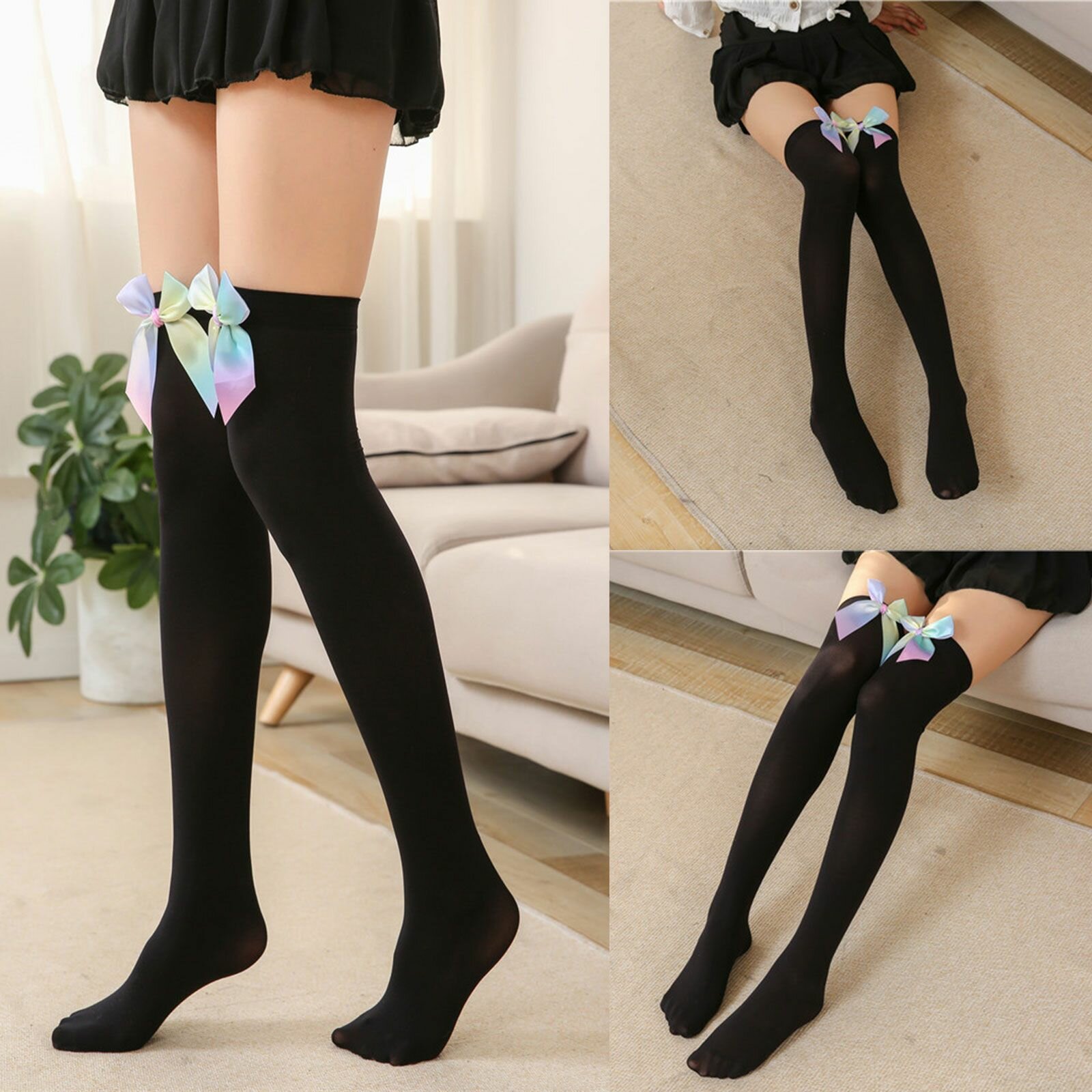 Чулки с бантиком градиентного цвета-белый