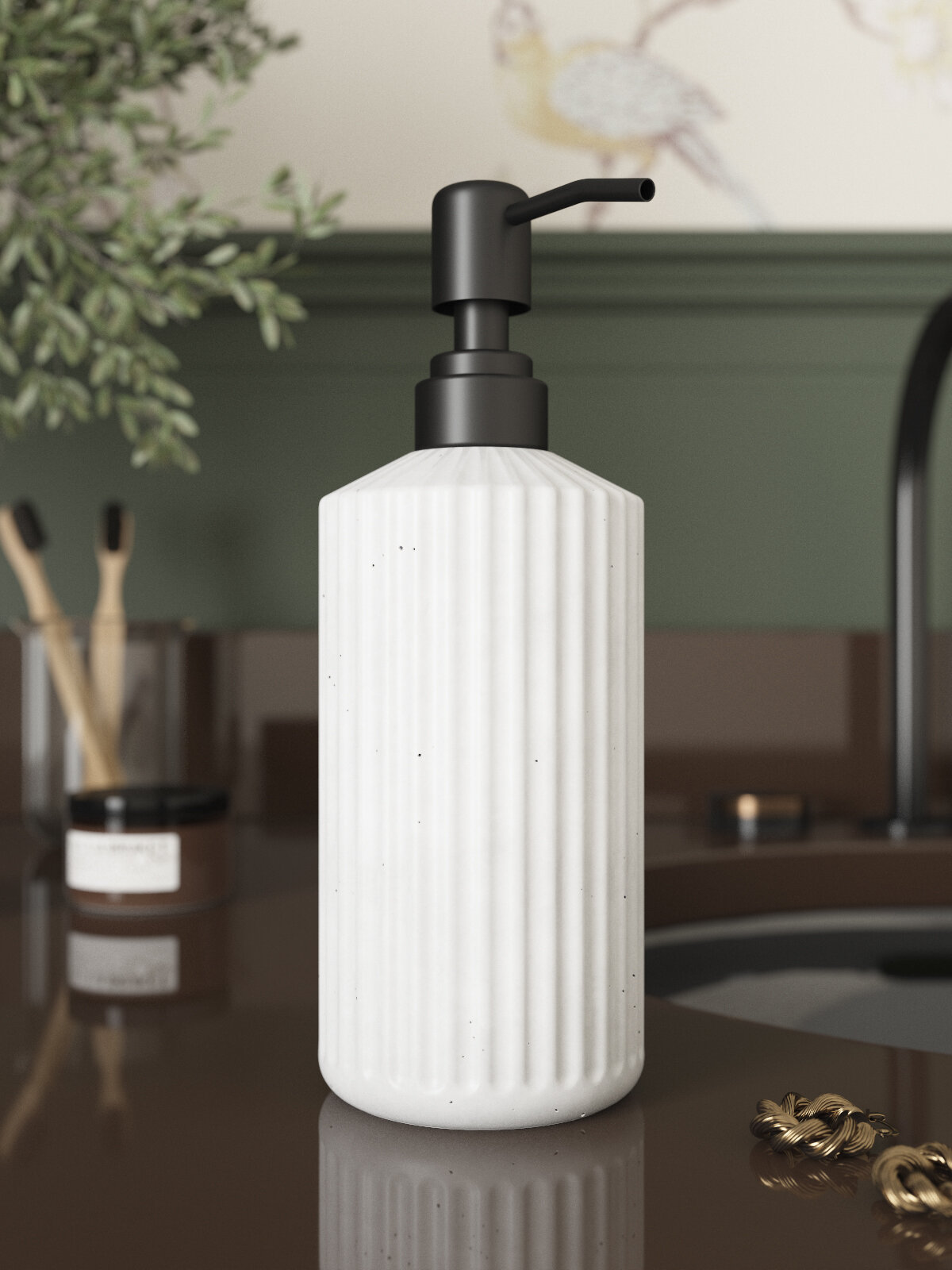 Дозатор для жидкого мыла Chloe Slim с металлической черной помпой 250 мл, бетон, белый глянцевый