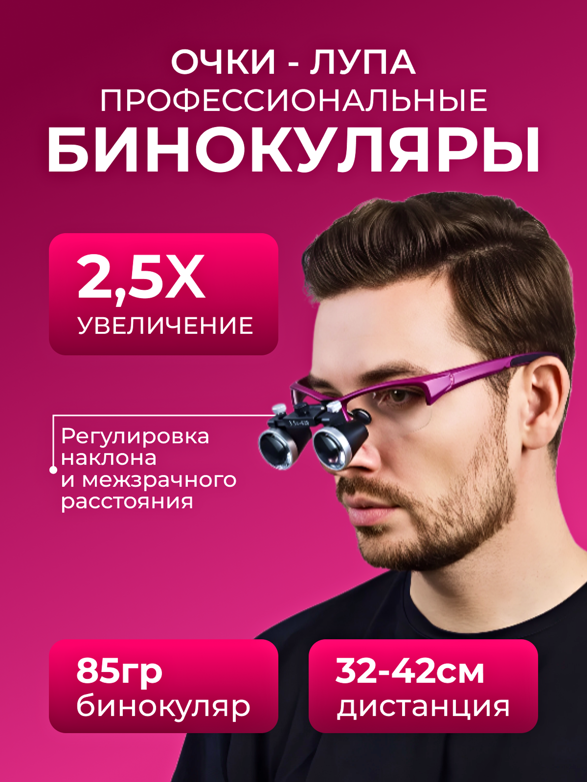 Лупа очки бинокулярные для стоматолога ювелира 2.5x