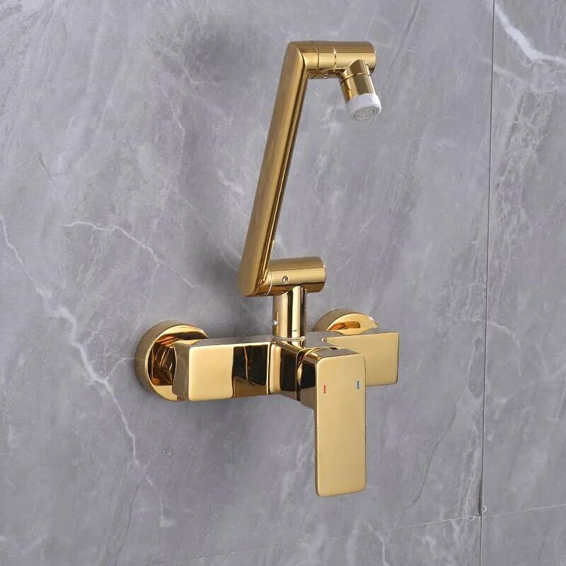 Настенный смеситель (кран), MORLINCAR, роботизированная рука со складывающимся носиком, настенный кухонный кран для горячей и холодной воды, золото