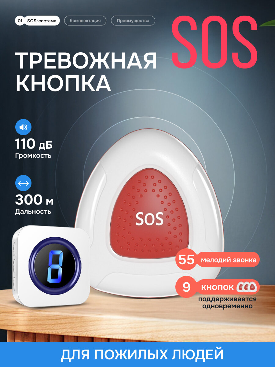 Тревожная кнопка помощи для пожилых людей SOS Pager белый, со шнурком