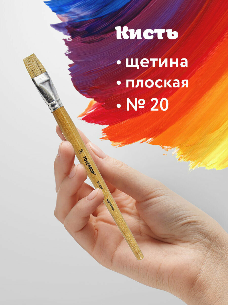 Кисть / кисточка для рисования Пифагор, щетина, плоская, № 20, деревянная лакированная ручка, пакет с подвесом, 200879