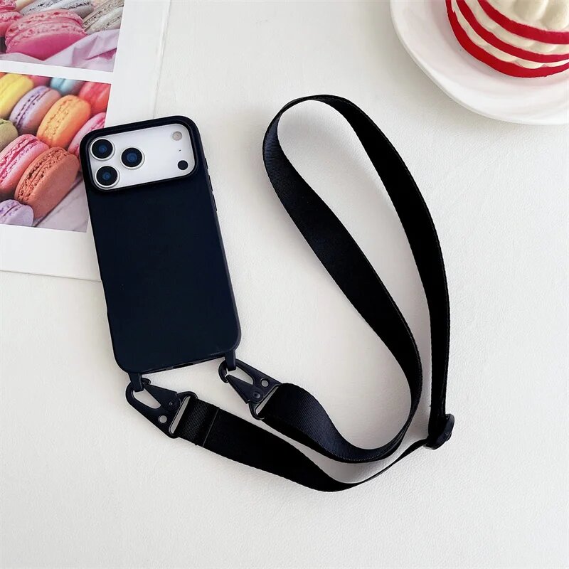 Чехол со шнурком через плечо для iPhone 17 Air 16 16E 15 14 13 12 Mini 11 Pro X XR XS Max SE 2 3 7 8 Plus, силиконовый мягкий чехол iPhone17 Про Макс, Black