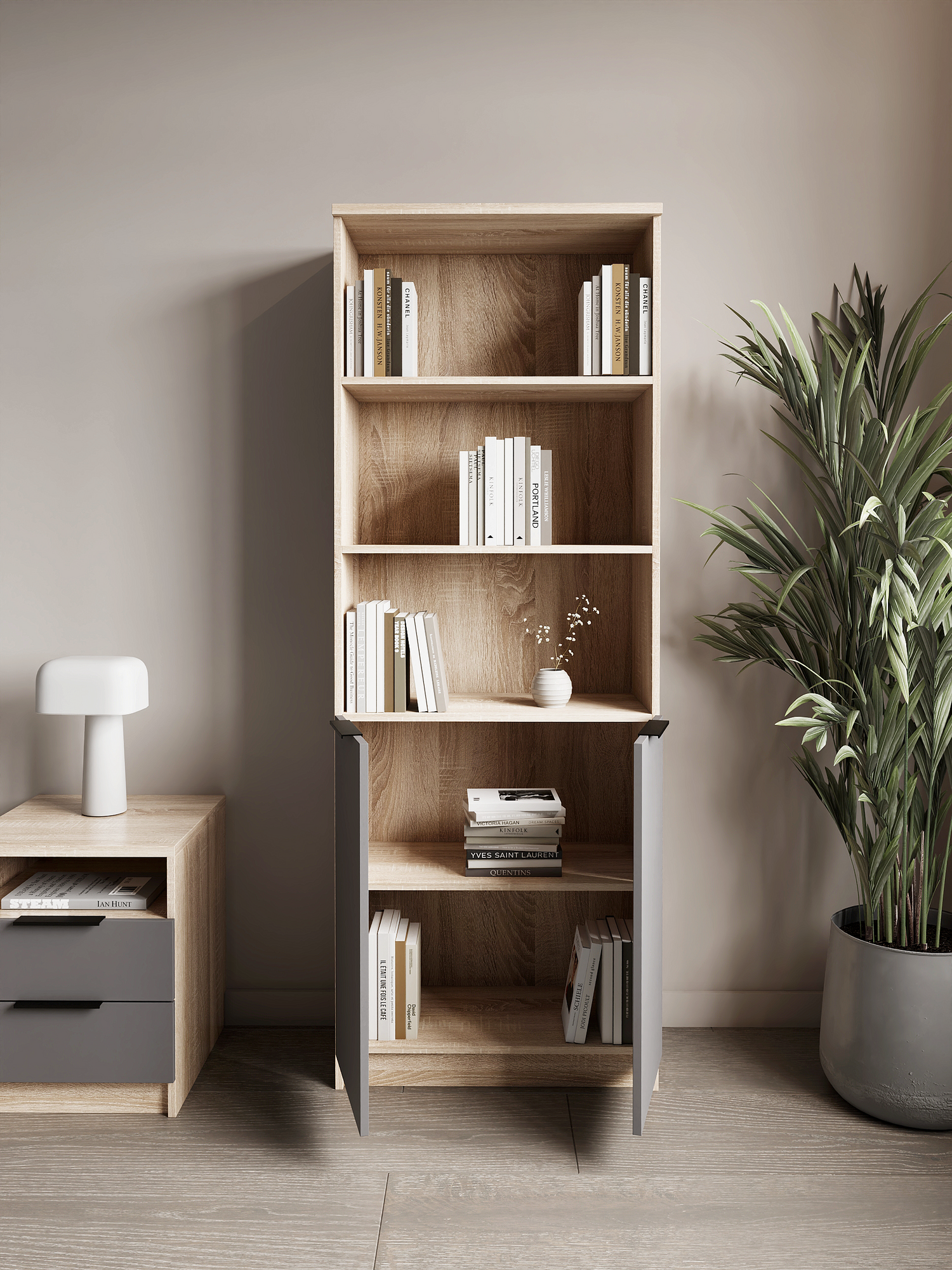 Книжный шкаф-витрина A-A MEBEL Оксфорд двухдверный 5 полок ЛДСП МДФ дуб сонома/графит, серый