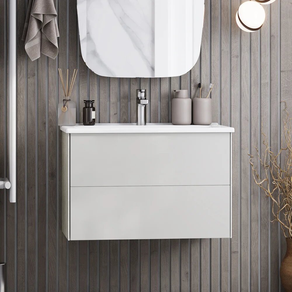 Тумба с раковиной AQUATON Сохо 75 подвесная, 75 см, серая, матовая, из МДФ, с ящиками, раковина для ванной фарфоровая, прямоугольная, встроенный слив-перелив, лофт