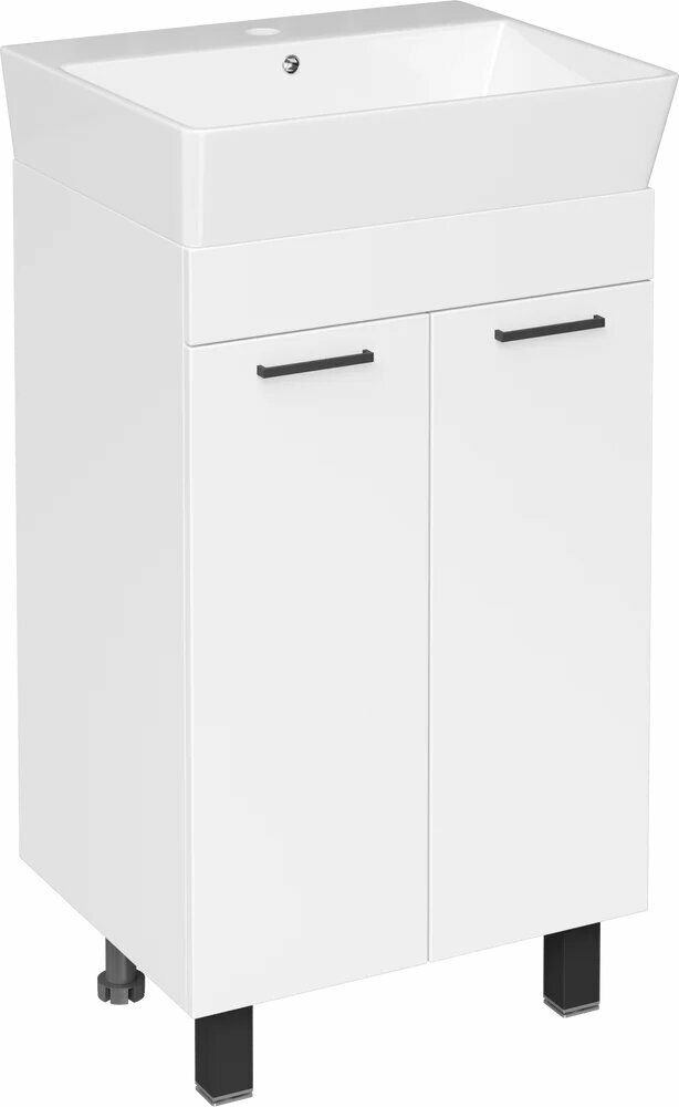 Тумба с раковиной DIWO Брянск 50 напольная, 50 см, белая, глянцевая, из МДФ, с дверками, раковина для ванной фаянсовая, прямоугольная, встроенный слив-перелив, с сифоном