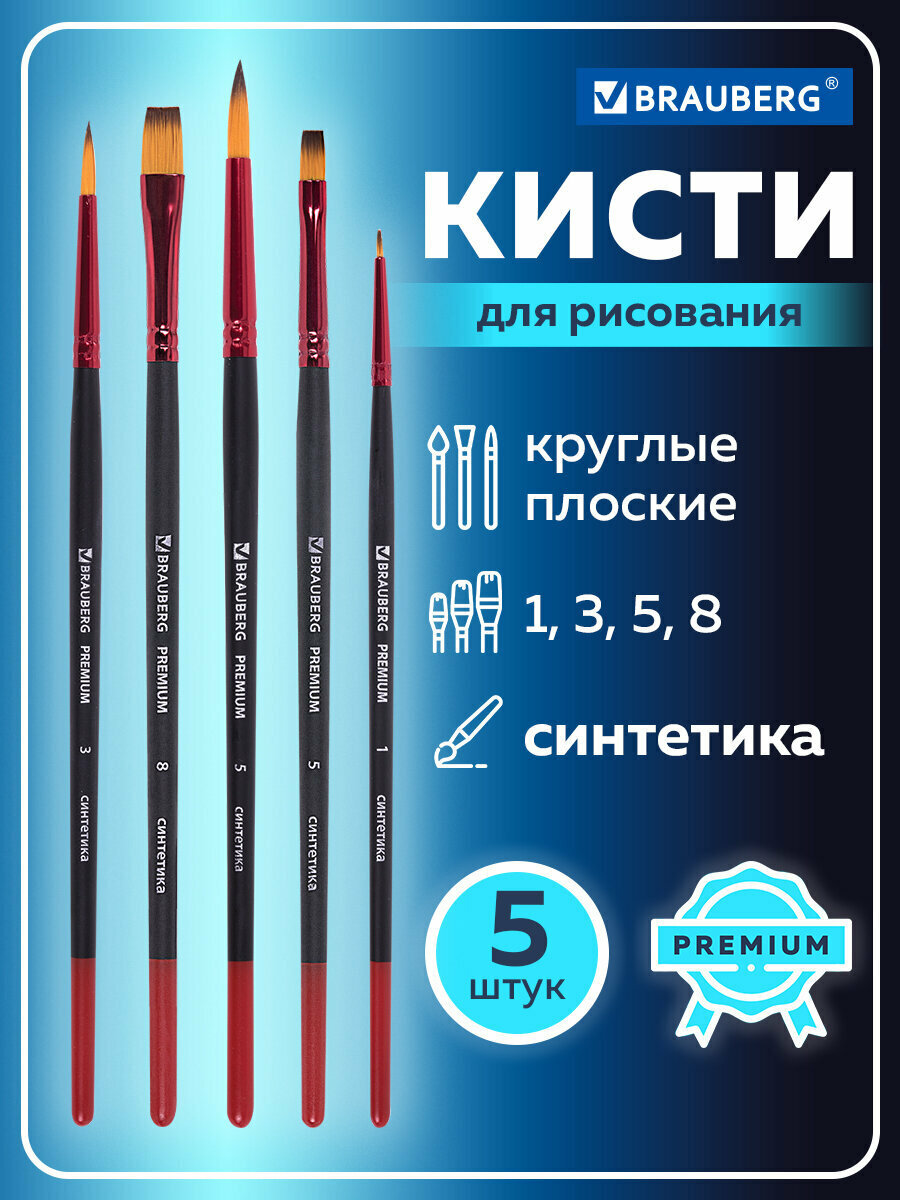 Кисти для акварели, гуаши для рисования Brauberg Premium, набор 5 штук (синтетика, круглая №1,3,5, плоская №5,8), 201024
