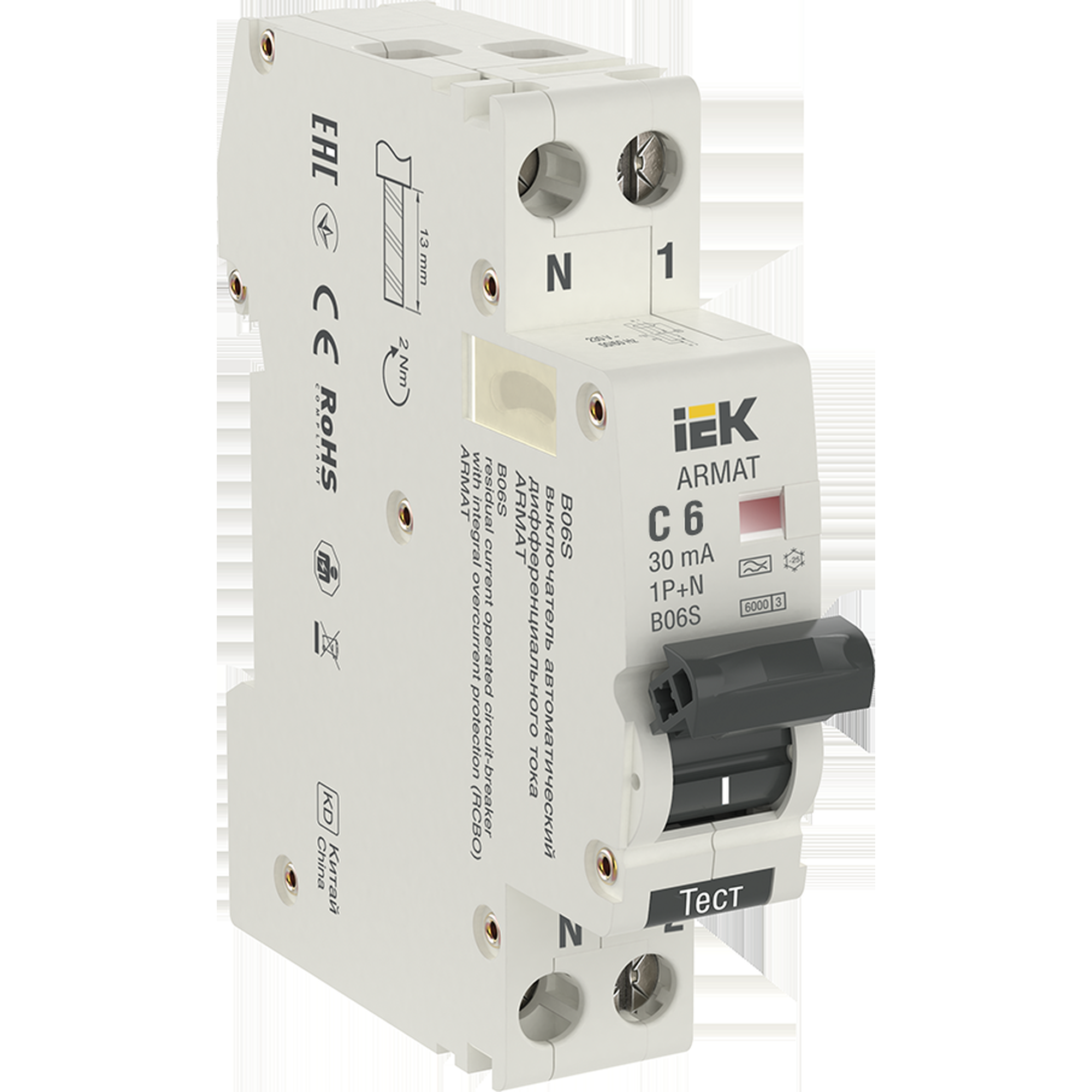 Автоматический выключатель дифференциального тока IEK ARMAT B06S, 1P+NP, C6, 30мА, тип A, 6кА, 230В, IP20