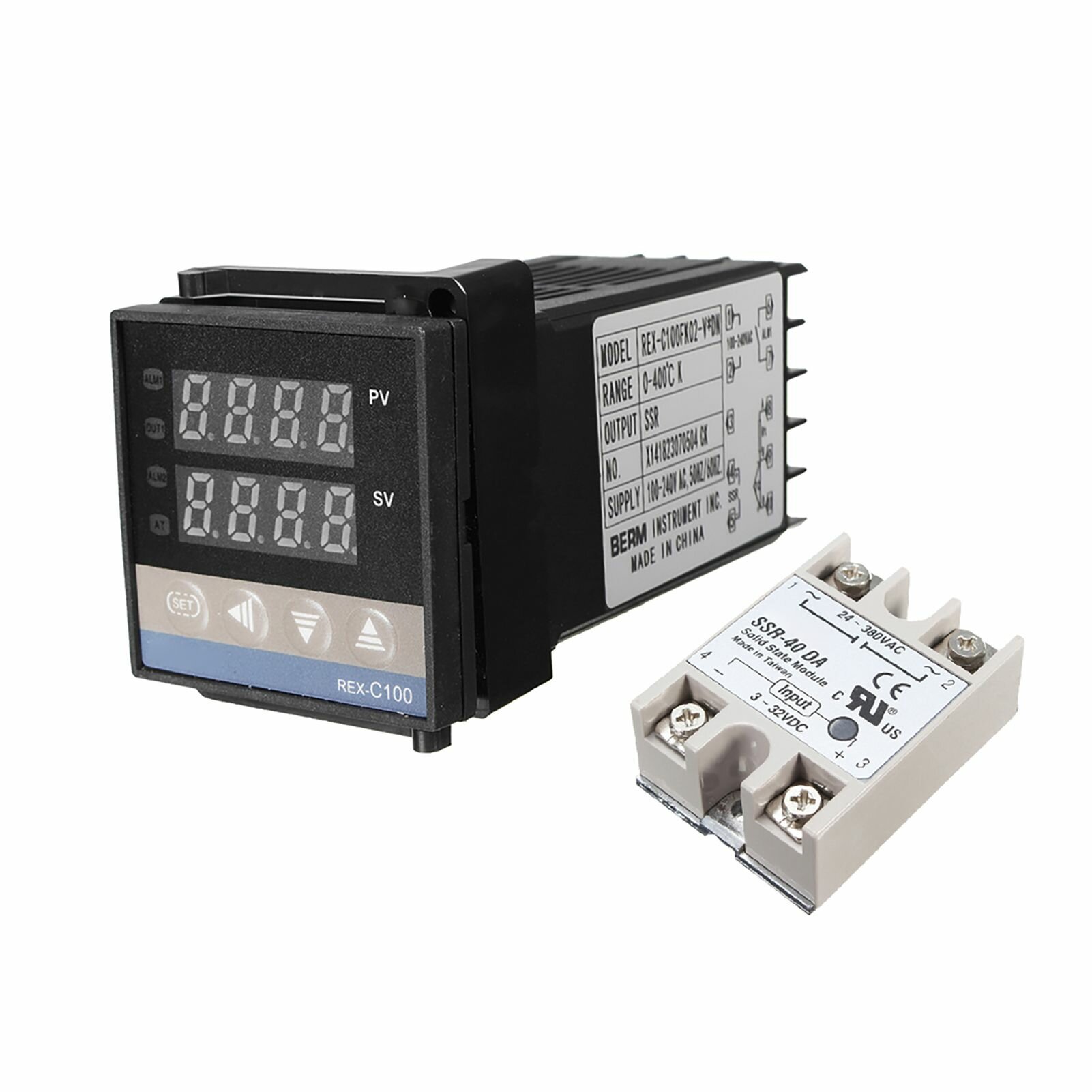 Цифровой ПИД-регулятор температуры REX C100 с твердотельным реле 40 А и кабелем термопары типа К длиной 1 м для точного контроля температуры